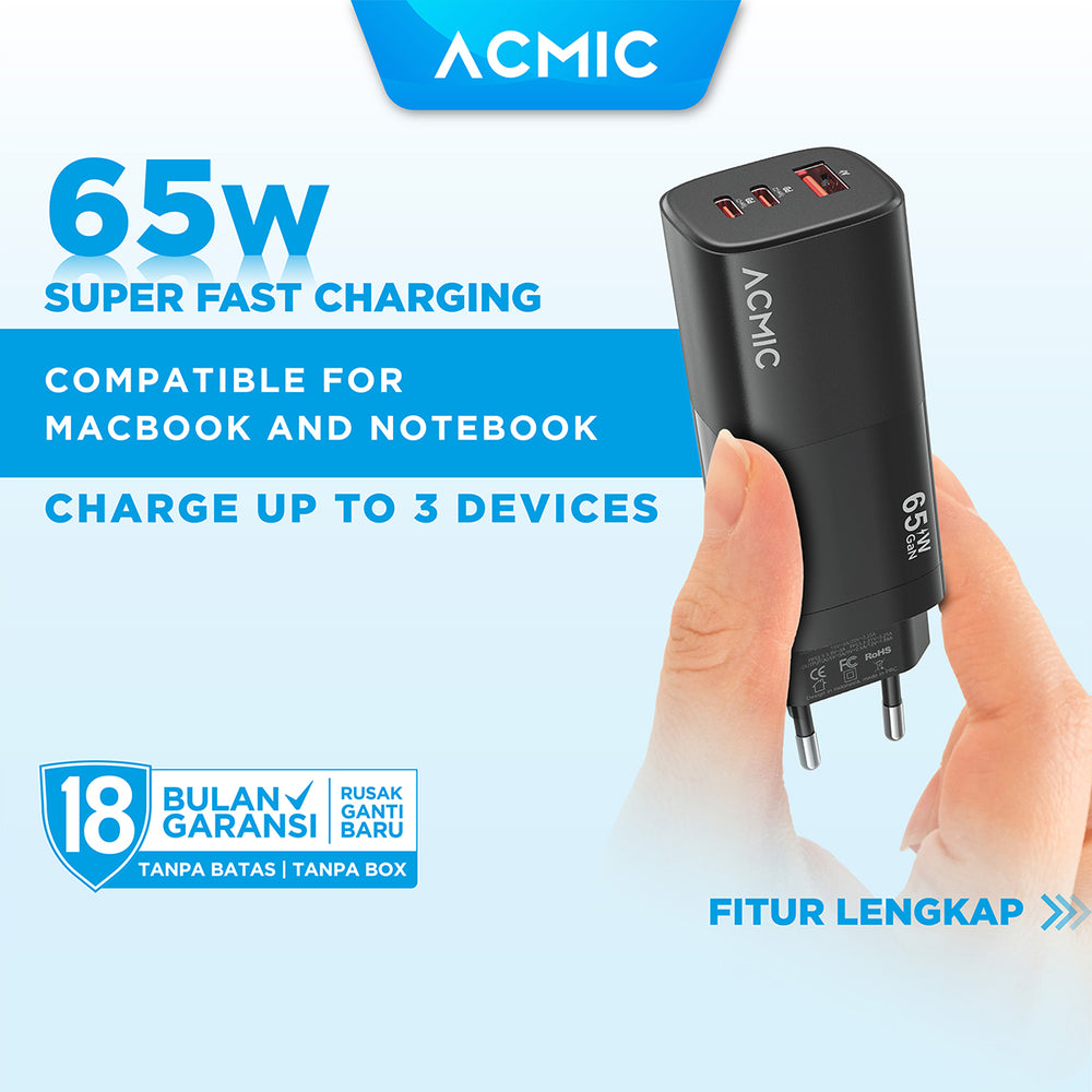 ACMIC CPD65 GaN Type C 65W Kepala Charger Super Fast Charging Adaptor