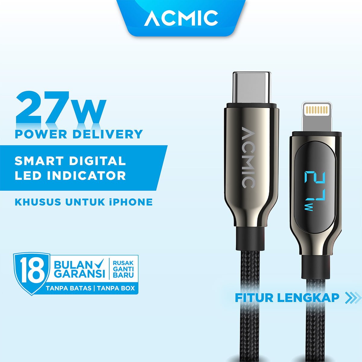 ACMIC DIGILINE USB C to Lightning Cable PD Fast Charging LED DISPLAY