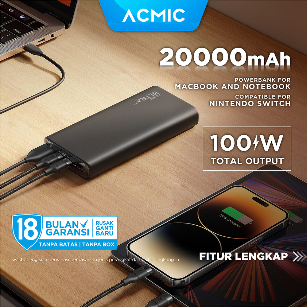 ACMIC ULTRA 20000mAh Powerbank 100W Type C Super Fast Charging Laptop