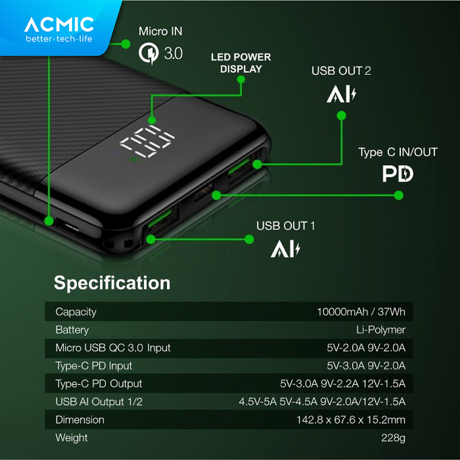 ACMIC F10PRO 10000mAh Powerbank Slim 22.5W Fast Charging Type C